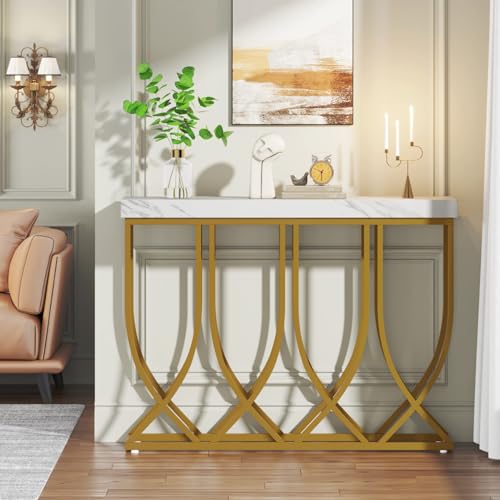 Tribesigns Gold Console Table, Modern Faux Marble Veneer Entryway Foyer Table, 39.4” Narrow Sofa Accent Table with Geometric Metal Legs for Living Room, Hallway, Entrance, White & Gold
