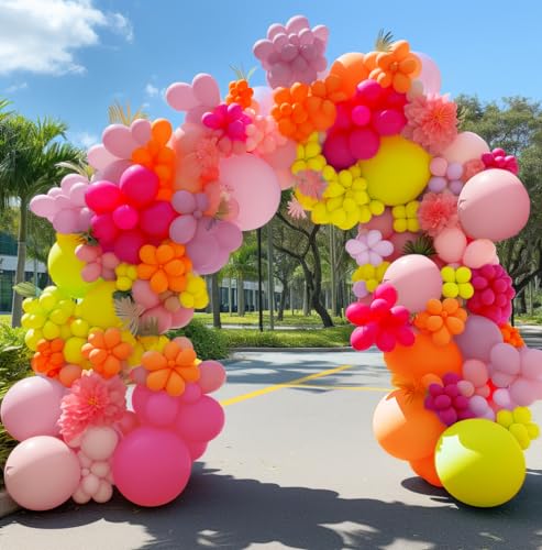 Pink Yellow Balloon Garland Hot Pink Matte Orange Pastel Purple Yellow Double Stuffed Lavender Balloon Arch Kit Latex Party for Baby Shower Birthday Wedding Flamingo Party