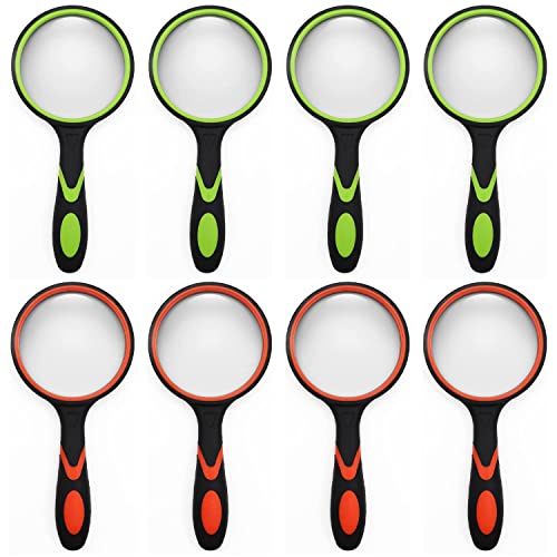 SHENGQIDZ 8 Pack 8X Handheld Magnifying Glass Shatterproof Reading Magnifier for Seniors and Kids, 50mm Real Glass Magnifying Lens with Non-Slip Rubber Handle for Reading Hobbies and Science