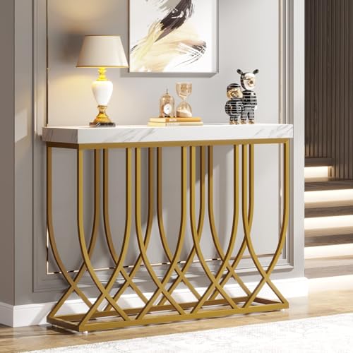 Tribesigns Gold Console Table, Modern Faux Marble Veneer Entryway Foyer Table, 39.4” Narrow Sofa Accent Table with Geometric Metal Legs for Living Room, Hallway, Entrance, White & Gold