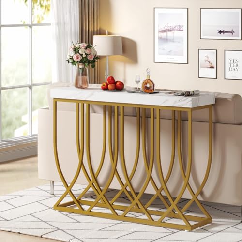 Tribesigns Gold Console Table, Modern Faux Marble Veneer Entryway Foyer Table, 39.4” Narrow Sofa Accent Table with Geometric Metal Legs for Living Room, Hallway, Entrance, White & Gold