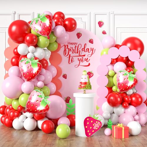 Strawberry Balloon Arch, Strawberry Balloon Garland With Red Pink Green Latex Balloons and Strawberry Foil Balloons, Strawberry Balloon Arch Kit for Girls Birthday Strawberry Party Decorations