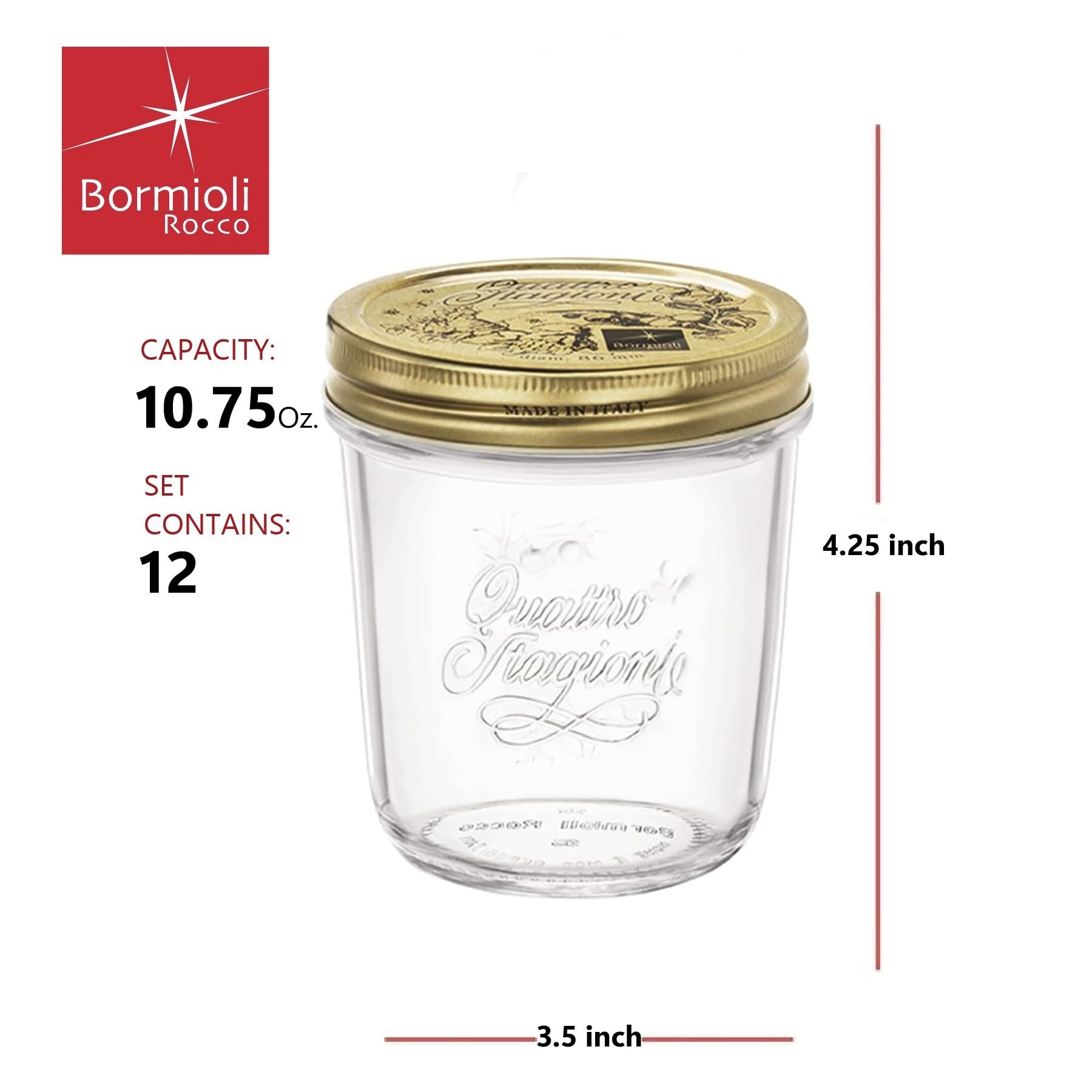 Bormioli Rocco Quattro Stagioni set of 12 Clear Airtight Mason Jars, 10.75 Oz. Made from Durable Glass, Made In Italy.