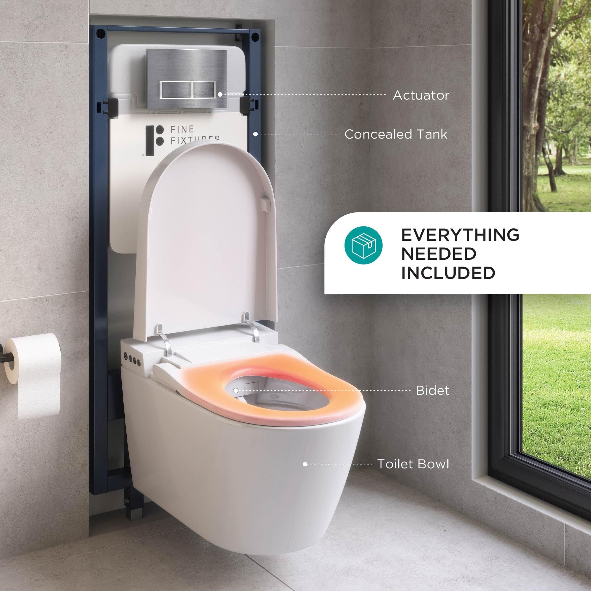 Aqueous In-Wall Smart Toilet Combo Set β Complete System with Toilet Bowl, Bidet Toilet Seat, Tank, Carrier for 2x4 Studs, Chrome Push Buttons, Round and Elongated Compatibility