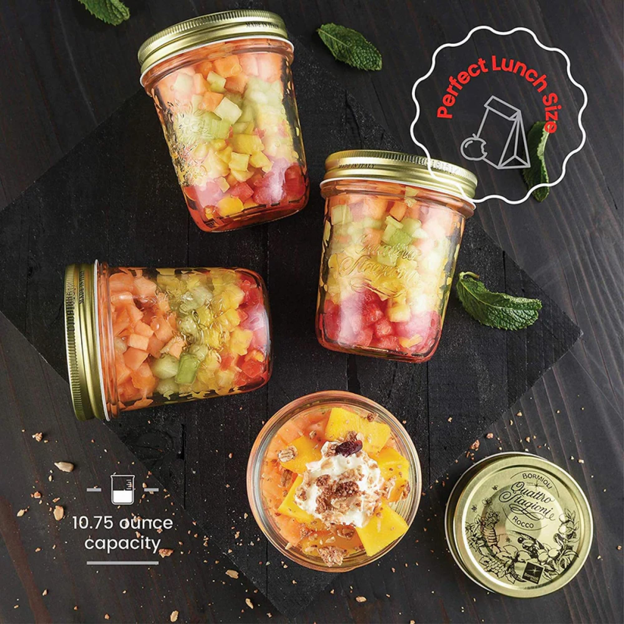 Bormioli Rocco Quattro Stagioni set of 12 Clear Airtight Mason Jars, 10.75 Oz. Made from Durable Glass, Made In Italy.