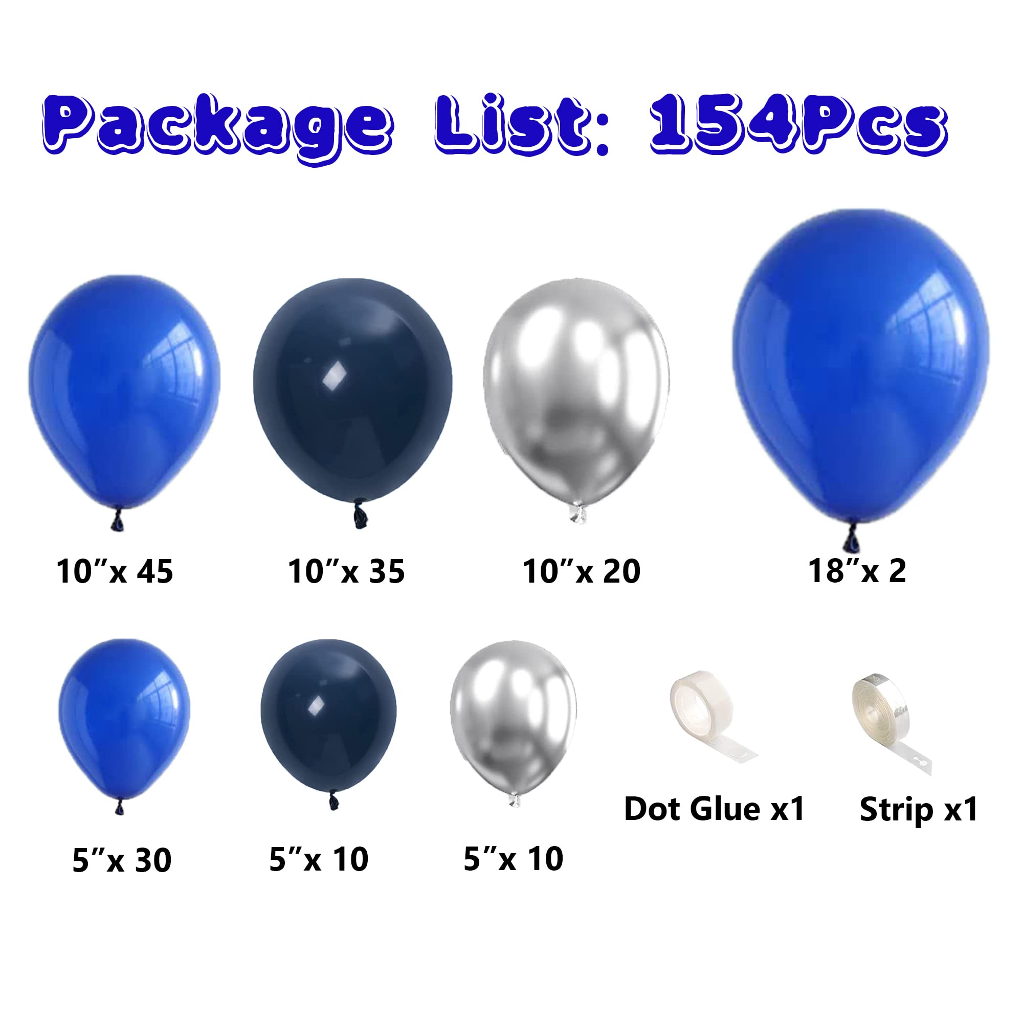 152Pcs Blue Balloon Garland Arch Kit, Royal Navy Blue and Metallic Silver Balloons in different Sizes for Boy Birthday Baby Shower Graduation Party Decoration