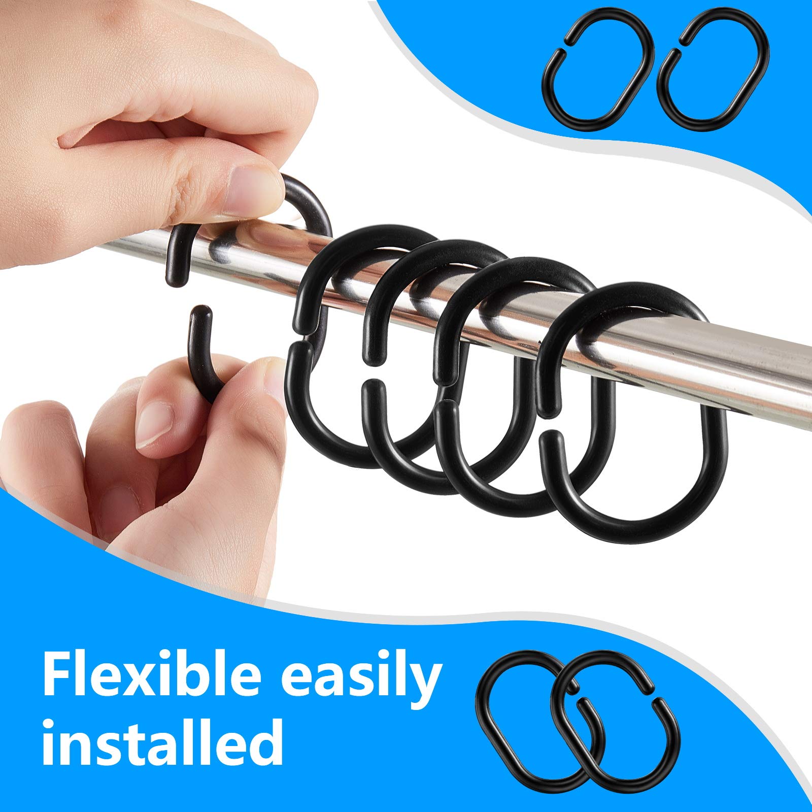 24 Packs Plastic Shower Curtain Rings Hooks for Bathroom Shower Window Rod (Black)
