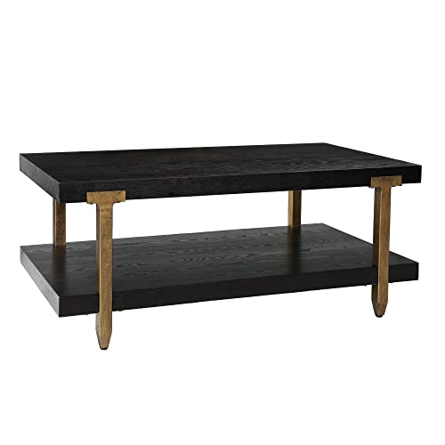 Uolfin Coffee Tables for Living Room with Oak Veneer and Vintage Gold Metal Legs, 42" L