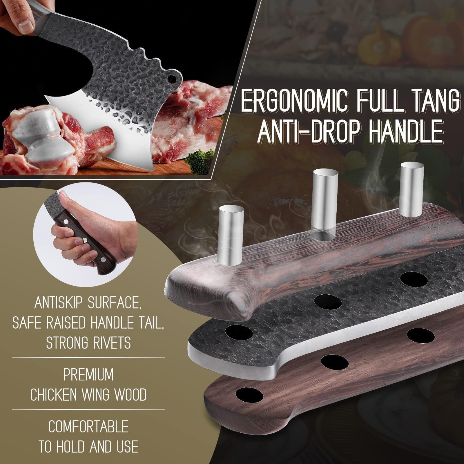 Handmade Meat Bone Cleaver Knife, Hand Forged Butcher Knife Axe, Heavy Duty Full Tang Bone Chopper Axe For Kitchen Outdoor BBQ, High C