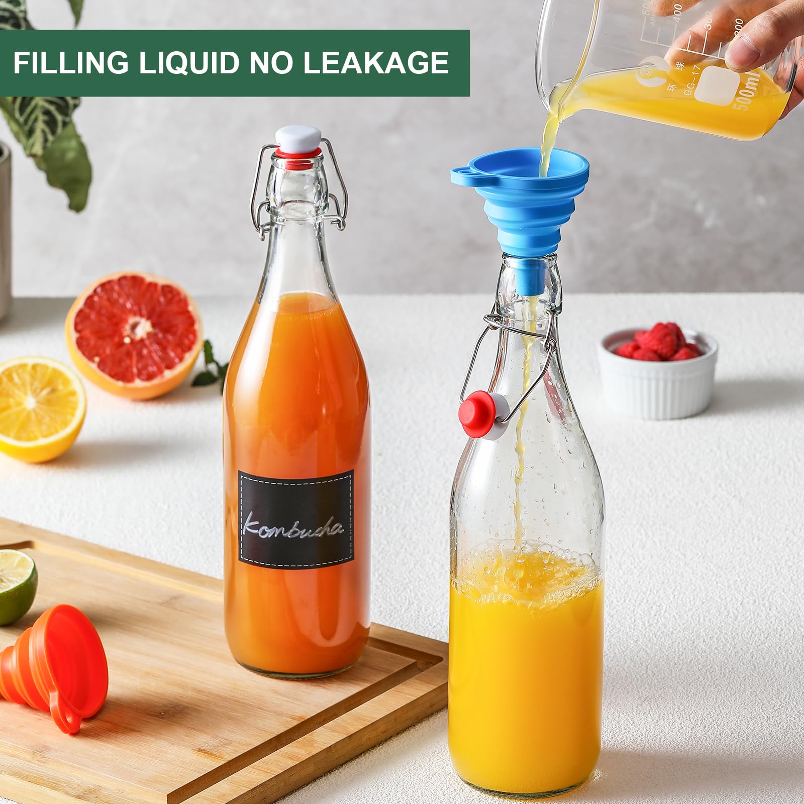 8 Pack [1 Liter / 33 fl. oz.] Swing Top Glass Bottles w/ Airtight Stopper Lids – Flip Top Brewing Bottle for Fermentation, Kombucha, Mead, Vinegar, Beer, Kefir, Wine – With 8 Extra Seals & 2 Pourers
