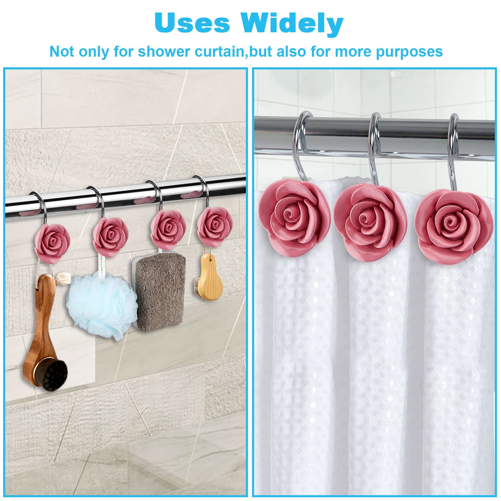 AGPTEK Rose Shower Curtain Hooks, 12PCS Anti Rust Decorative Resin Hooks for Bathroom, Baby Room, Bedroom, Living Room Decor (Pink Rose)