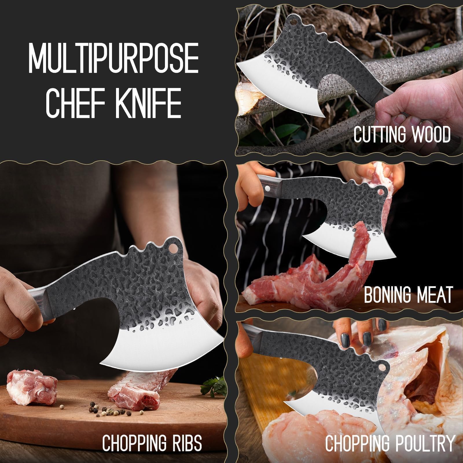Handmade Meat Bone Cleaver Knife, Hand Forged Butcher Knife Axe, Heavy Duty Full Tang Bone Chopper Axe For Kitchen Outdoor BBQ, High C