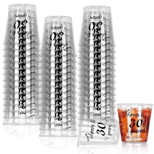 GTVOSY Cheers to 30th Plastic Cups - 100 Pieces Cheers to 30 Years Shot Glasses 2 oz Disposable Cups, 30th Birthday Party Favors for Her and Him Whiskey Women Men Anniversary Wedding Decorations
