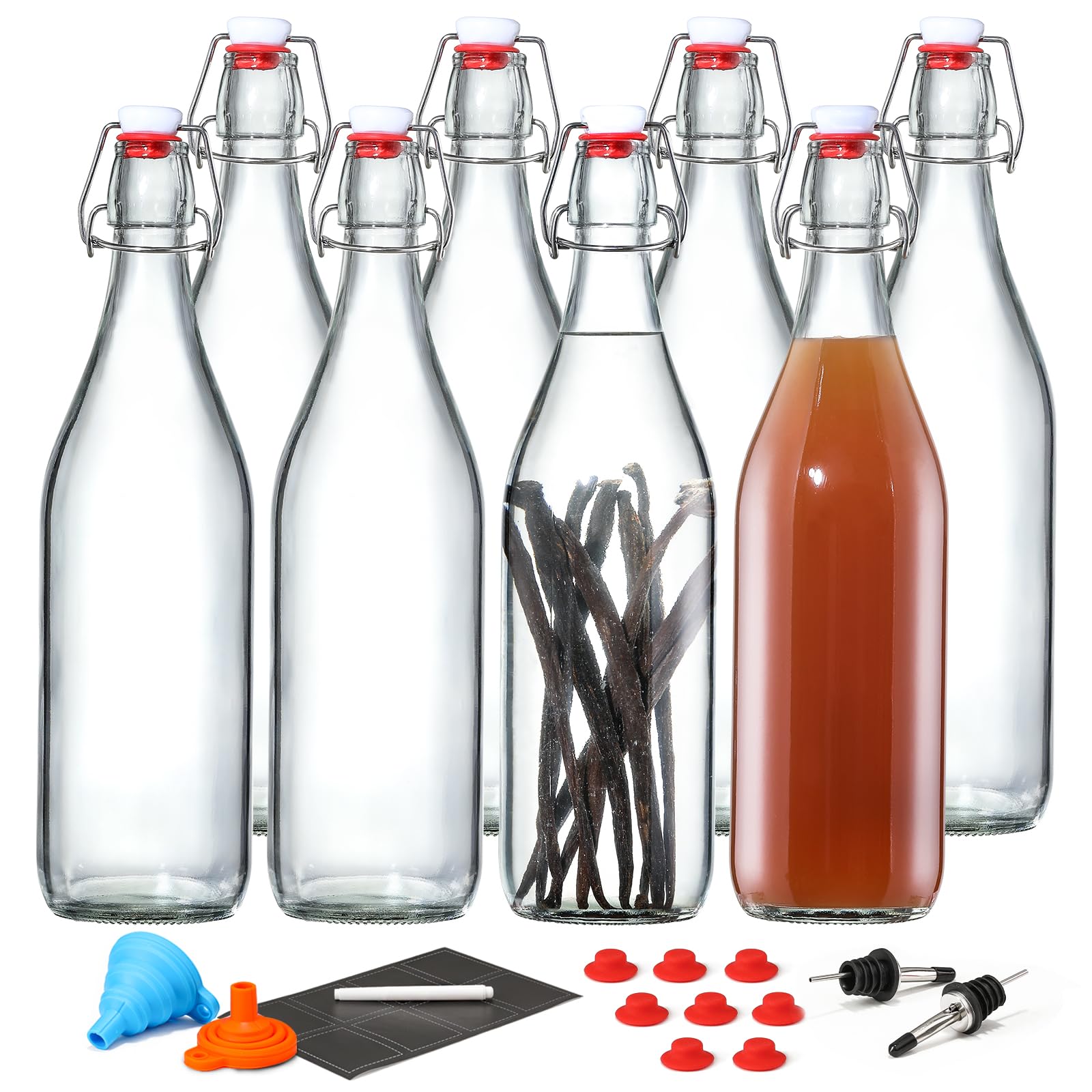 8 Pack [1 Liter / 33 fl. oz.] Swing Top Glass Bottles w/ Airtight Stopper Lids – Flip Top Brewing Bottle for Fermentation, Kombucha, Mead, Vinegar, Beer, Kefir, Wine – With 8 Extra Seals & 2 Pourers