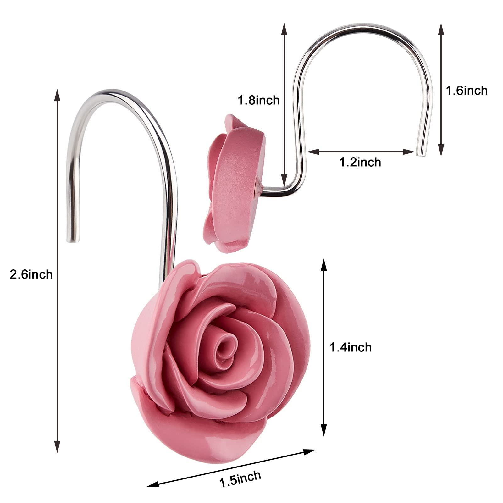 AGPTEK Rose Shower Curtain Hooks, 12PCS Anti Rust Decorative Resin Hooks for Bathroom, Baby Room, Bedroom, Living Room Decor (Pink Rose)