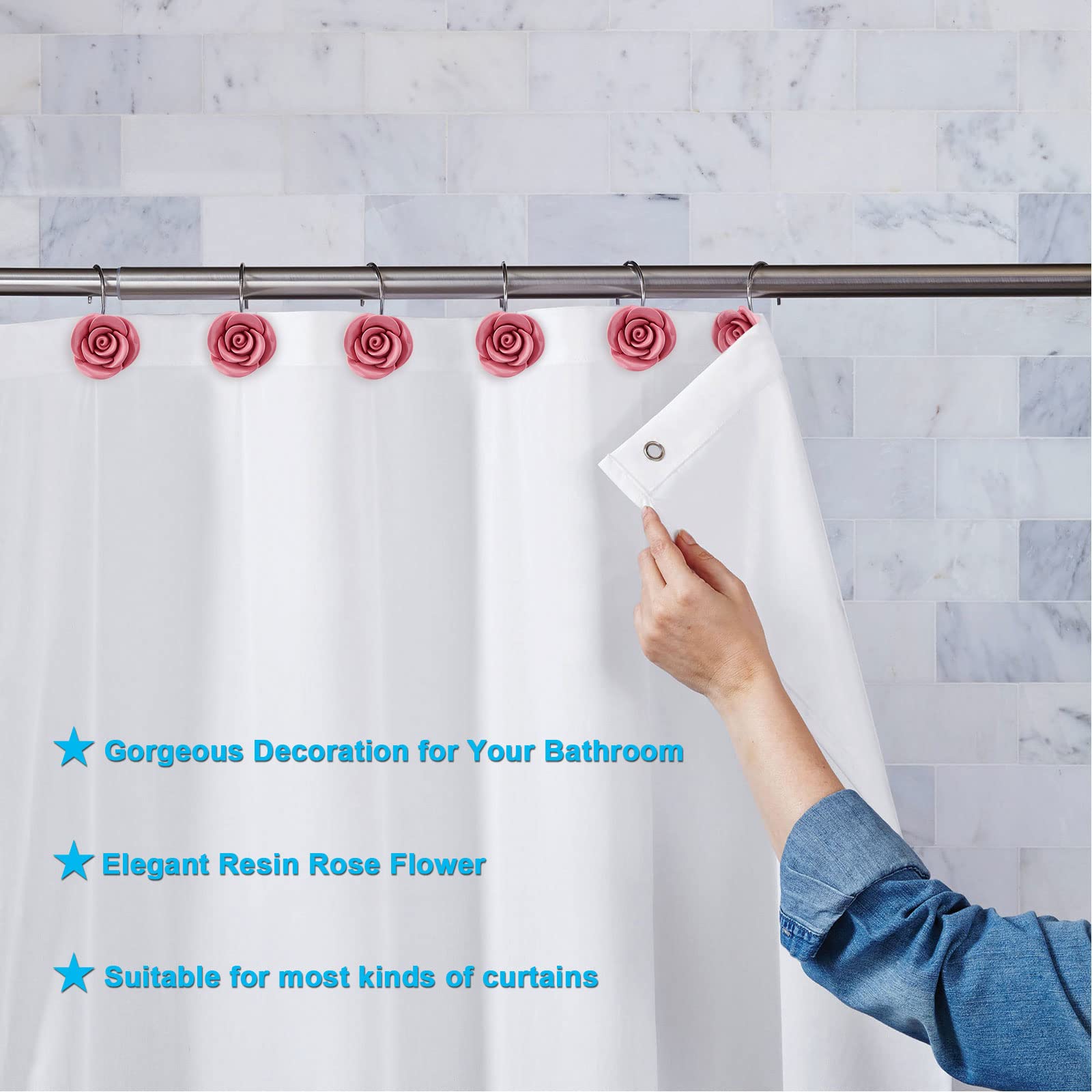 AGPTEK Rose Shower Curtain Hooks, 12PCS Anti Rust Decorative Resin Hooks for Bathroom, Baby Room, Bedroom, Living Room Decor (Pink Rose)