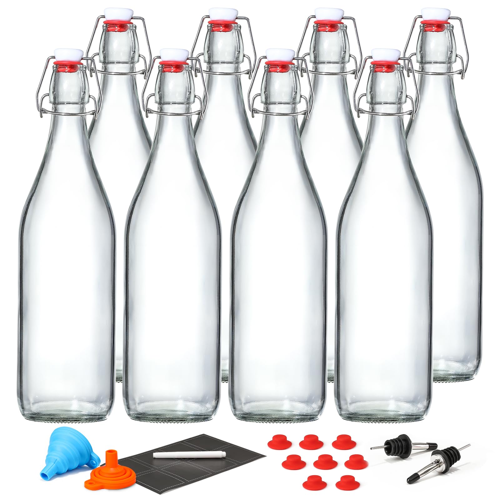 8 Pack [1 Liter / 33 fl. oz.] Swing Top Glass Bottles w/ Airtight Stopper Lids – Flip Top Brewing Bottle for Fermentation, Kombucha, Mead, Vinegar, Beer, Kefir, Wine – With 8 Extra Seals & 2 Pourers