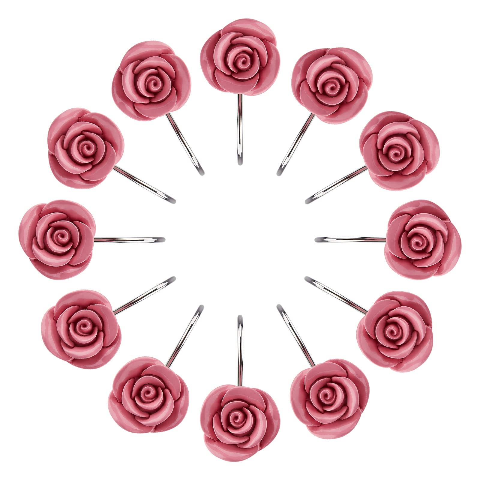 AGPTEK Rose Shower Curtain Hooks, 12PCS Anti Rust Decorative Resin Hooks for Bathroom, Baby Room, Bedroom, Living Room Decor (Pink Rose)