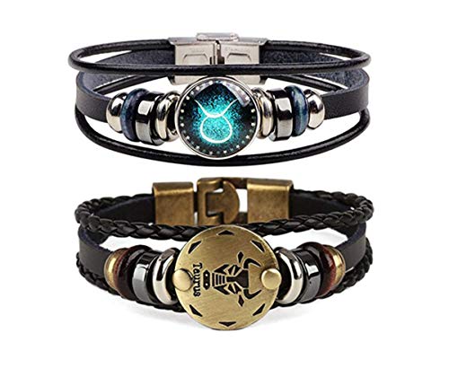Dcfywl731 2Pcs Taurus Zodiac Bracelets for Women 12 Constellations Multilayer Leather Bracelet Handmade Woven Zodiac Sign Wrap Wristband Cuff Bracelet Zodiac Gifts for Birthday Christmas