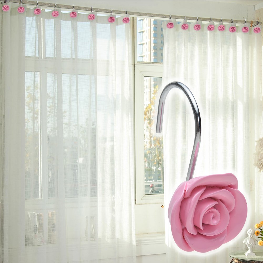 AGPTEK Rose Shower Curtain Hooks, 12PCS Anti Rust Decorative Resin Hooks for Bathroom, Baby Room, Bedroom, Living Room Decor (Pink Rose)