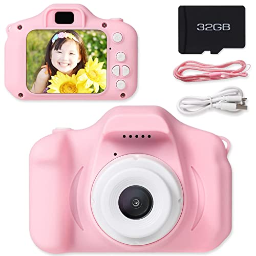 Children Camera, Children Digital Camera, Children Toy Camera with 1080P HD Video, 32GB SD Card, 2.0 Inch IPS Screen, 8 Times Zoom, Timer Shooting, Birthday Gifts for Girls Aged 3-9 Years Pink