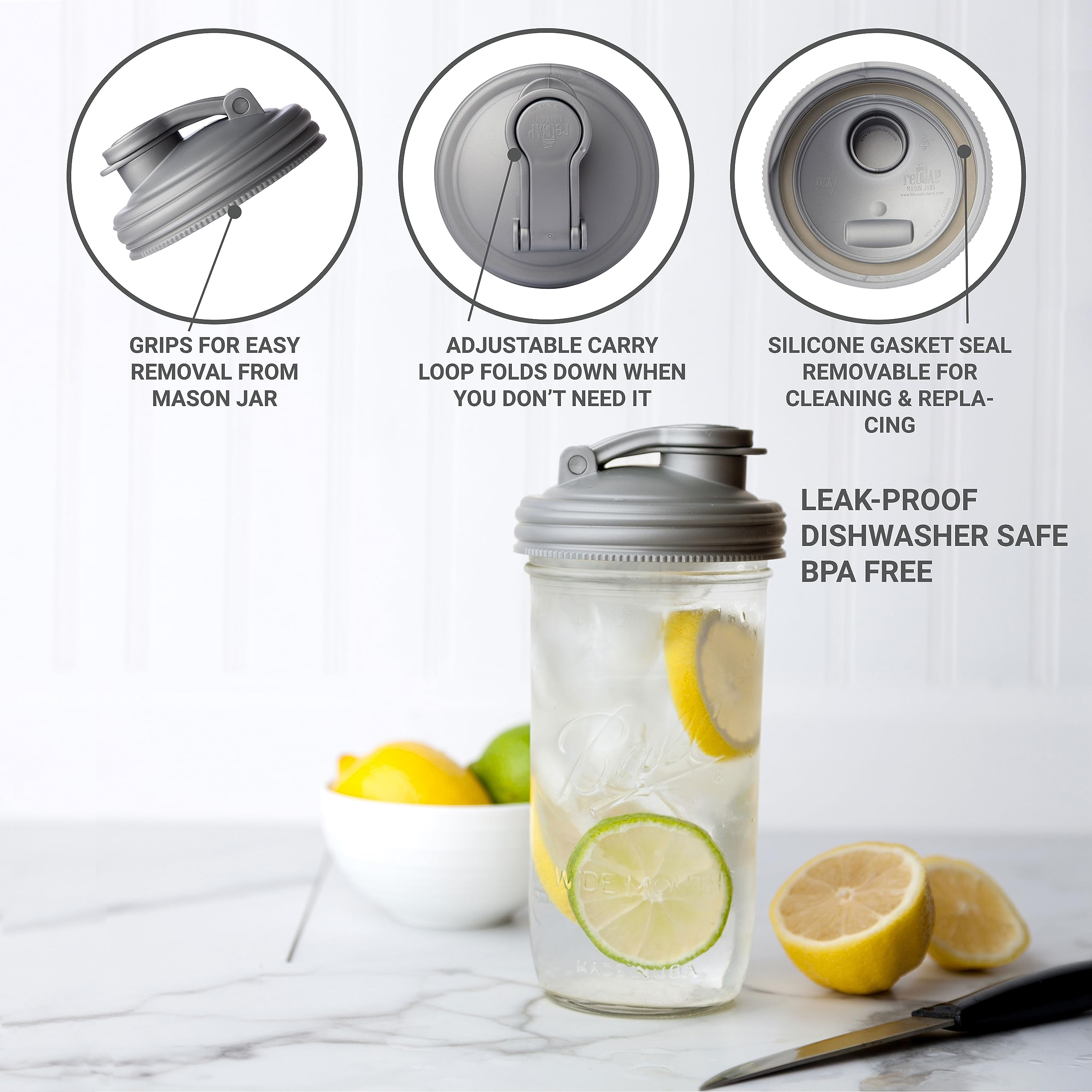 reCAP Mason Jars Pour Lid | Wide Mouth | Multi-Color | Leak-Proof Seal | 4-Pack | USA Made Mason Jar Accessories | Jar not Included