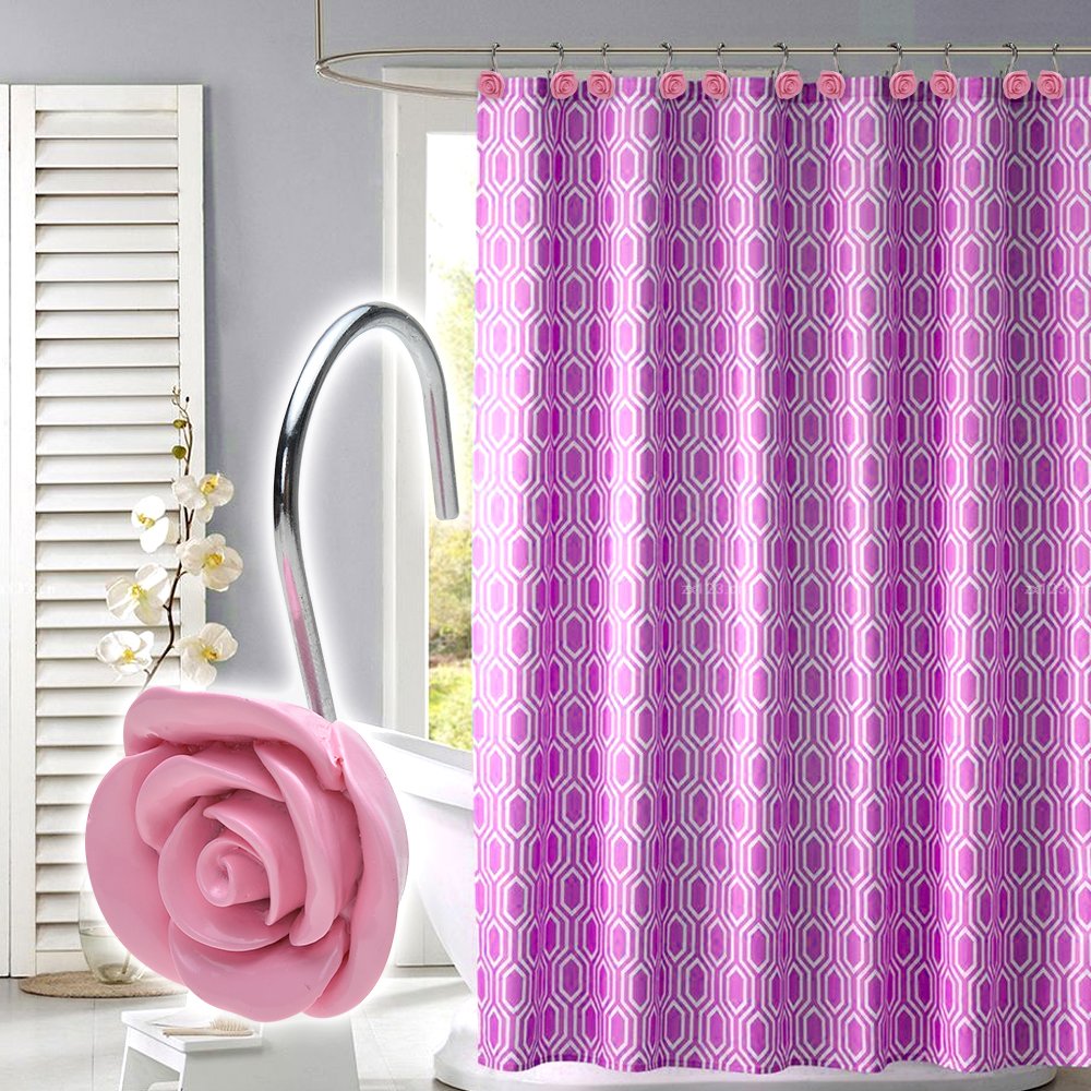AGPTEK Rose Shower Curtain Hooks, 12PCS Anti Rust Decorative Resin Hooks for Bathroom, Baby Room, Bedroom, Living Room Decor (Pink Rose)