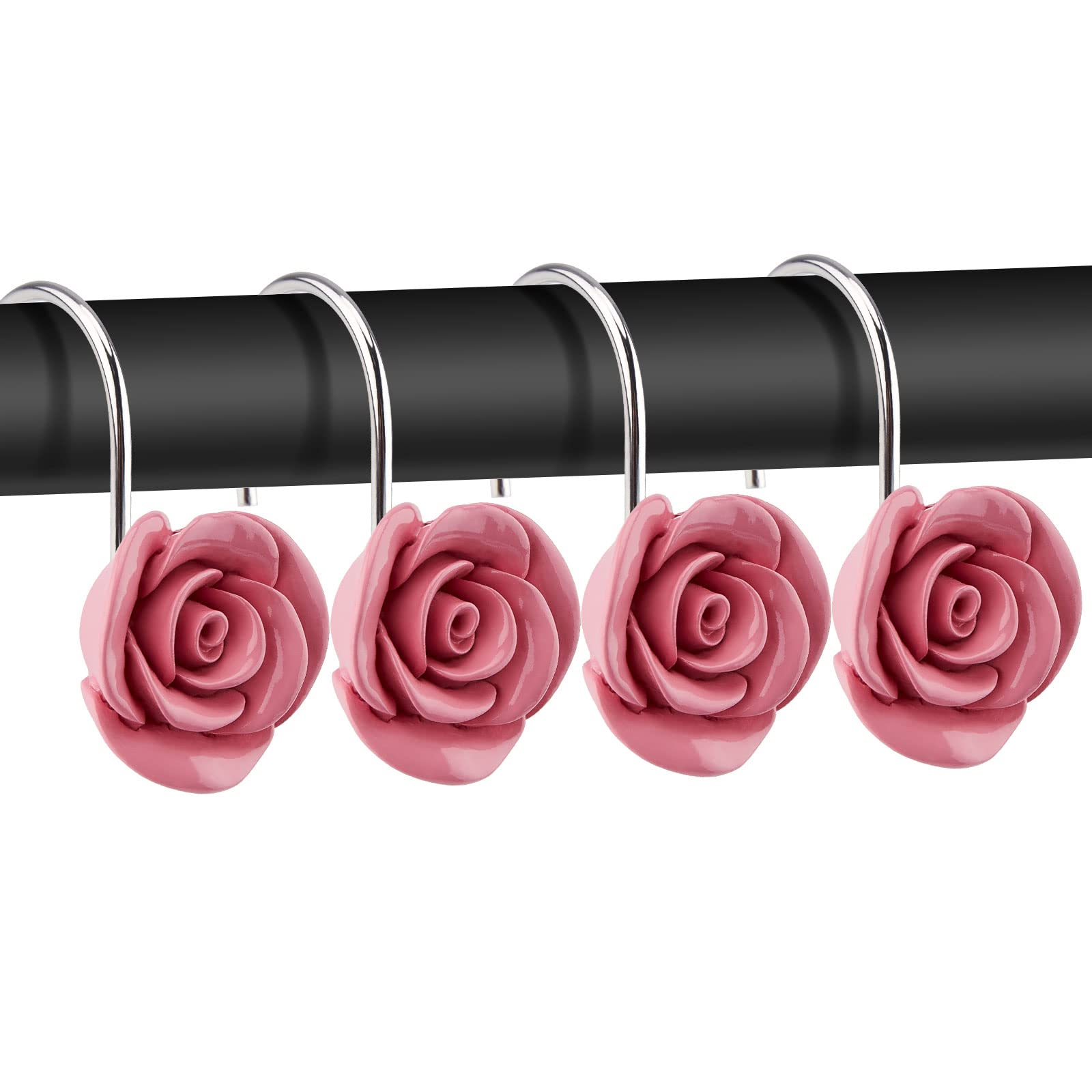 AGPTEK Rose Shower Curtain Hooks, 12PCS Anti Rust Decorative Resin Hooks for Bathroom, Baby Room, Bedroom, Living Room Decor (Pink Rose)