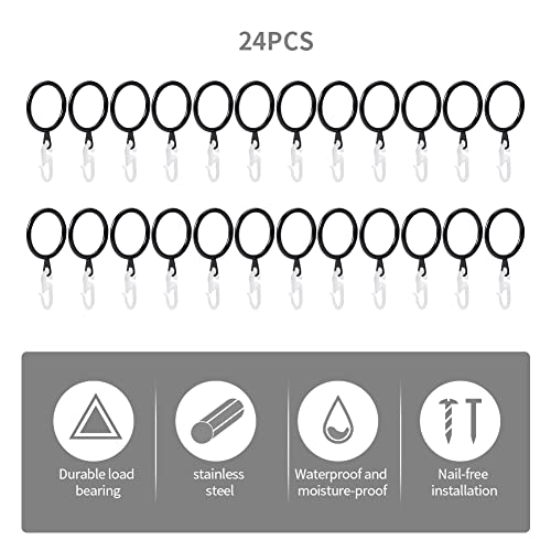 CALIDAKA Curtain Rings, 24Pack Black Curtain Rings and Hooks, 30mm Metal Hanging Rings with Curtain Hooks, Durable Curtain Drapery Pole Rod Rings for Window Rods, Shower Curtains Hanging