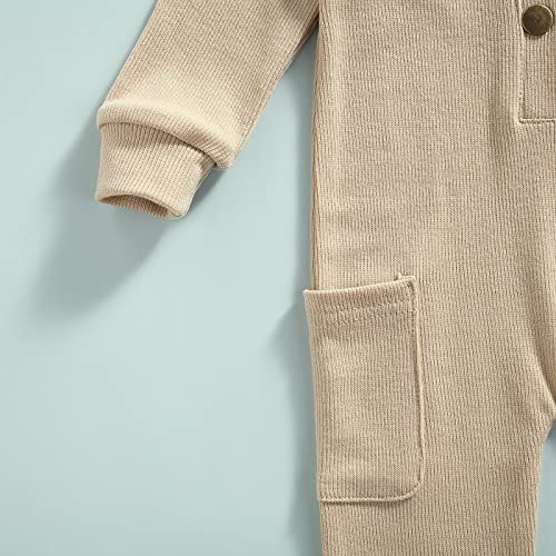 Newborn Baby Girl Boy Clothes Casual Jumpsuit Unisex Infant Solid Color Long Sleeve Romper with Pockets (Khaki, 6-9 Months)
