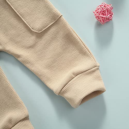 Newborn Baby Girl Boy Clothes Casual Jumpsuit Unisex Infant Solid Color Long Sleeve Romper with Pockets (Khaki, 6-9 Months)