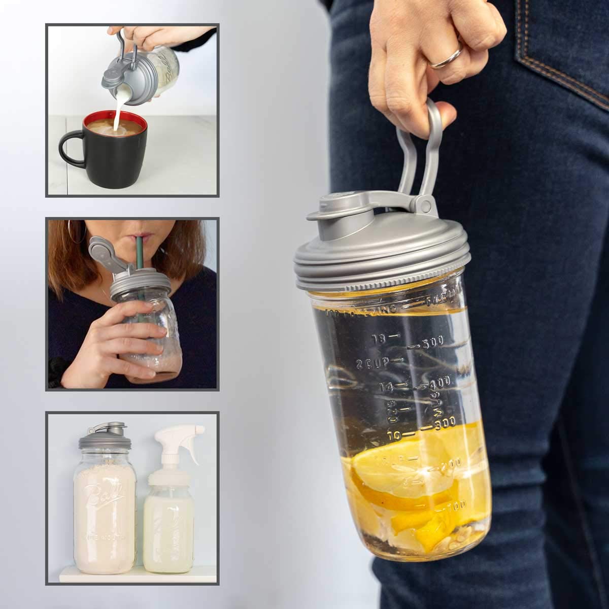 reCAP Mason Jars Pour Lid | Wide Mouth | Multi-Color | Leak-Proof Seal | 4-Pack | USA Made Mason Jar Accessories | Jar not Included