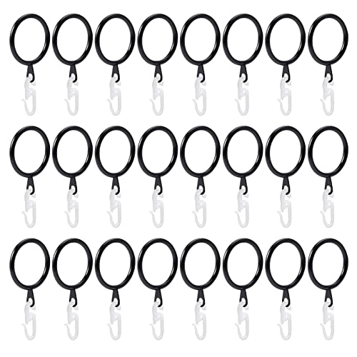 CALIDAKA Curtain Rings, 24Pack Black Curtain Rings and Hooks, 30mm Metal Hanging Rings with Curtain Hooks, Durable Curtain Drapery Pole Rod Rings for Window Rods, Shower Curtains Hanging
