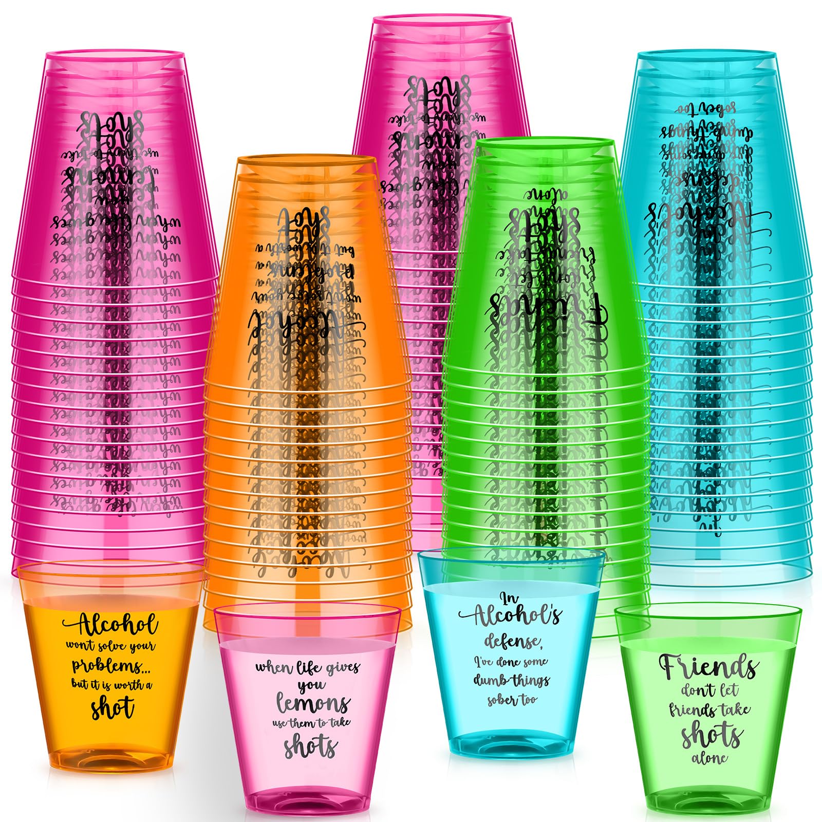 Roshtia 100 Pcs 2oz Funny Shot Glasses for Adults Friends Plastic Shot Cup Colorful Neon Disposable Mini Cups with sayings for Bachelorette Birthday Wedding Adult Party Favors Supplies