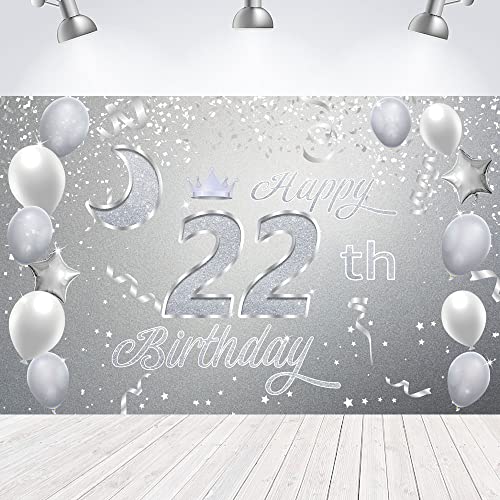 Sweet Happy 22th Birthday Backdrop Banner Poster 22 Birthday Party Decorations 22th Birthday Party Supplies 22th Photo Background for Girls,Boys,Women,Men - Silver 72.8 x 43.3 Inch