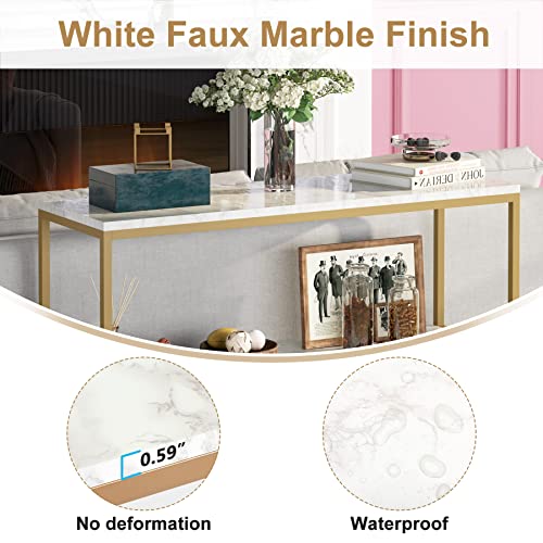 LITTLE TREE Modern Gold White Entryway Hallway Accent Console Table TV Stand with Faux Marble Veneer