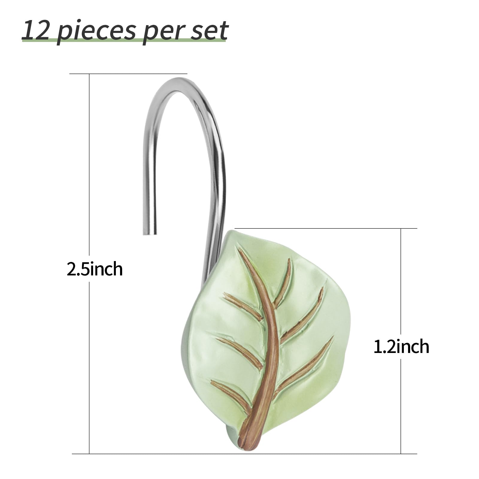MitoVilla Plant Leaves Decorative Shower Curtain Hooks, Green Tropical Botanical Shower Hooks for Tree Leaf Shower Curtain & Liner, Rust Proof Eucalyptus Shower Curtain Rings, 12 PCS