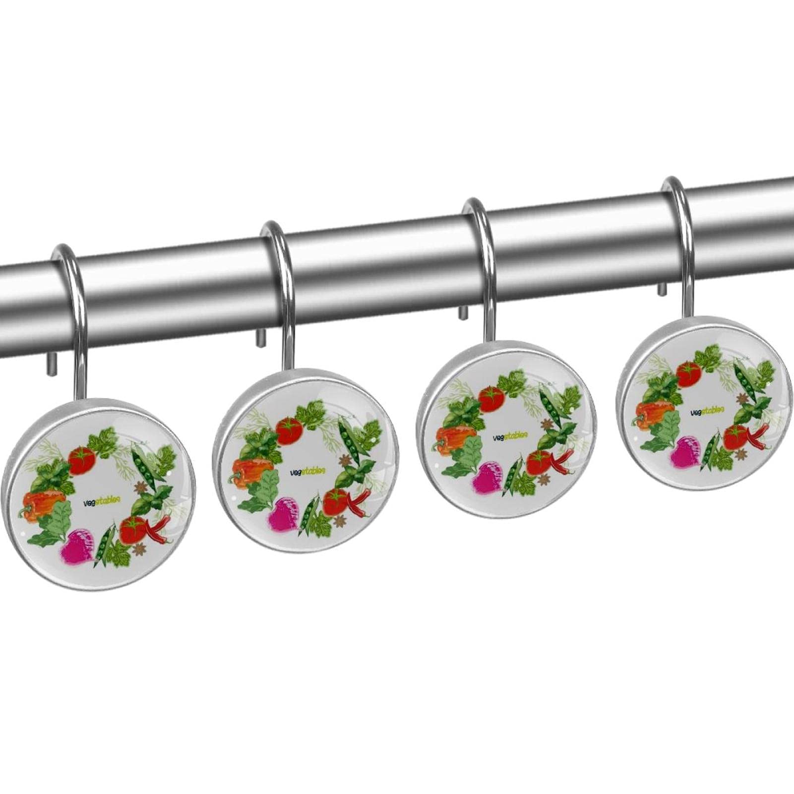 Green Vegetables Shower Curtain Hook Decorative Rust Proof Shower Curtain Rings Kids Room Bathroom Decor, Set of 12 for Any Rod and Curtain