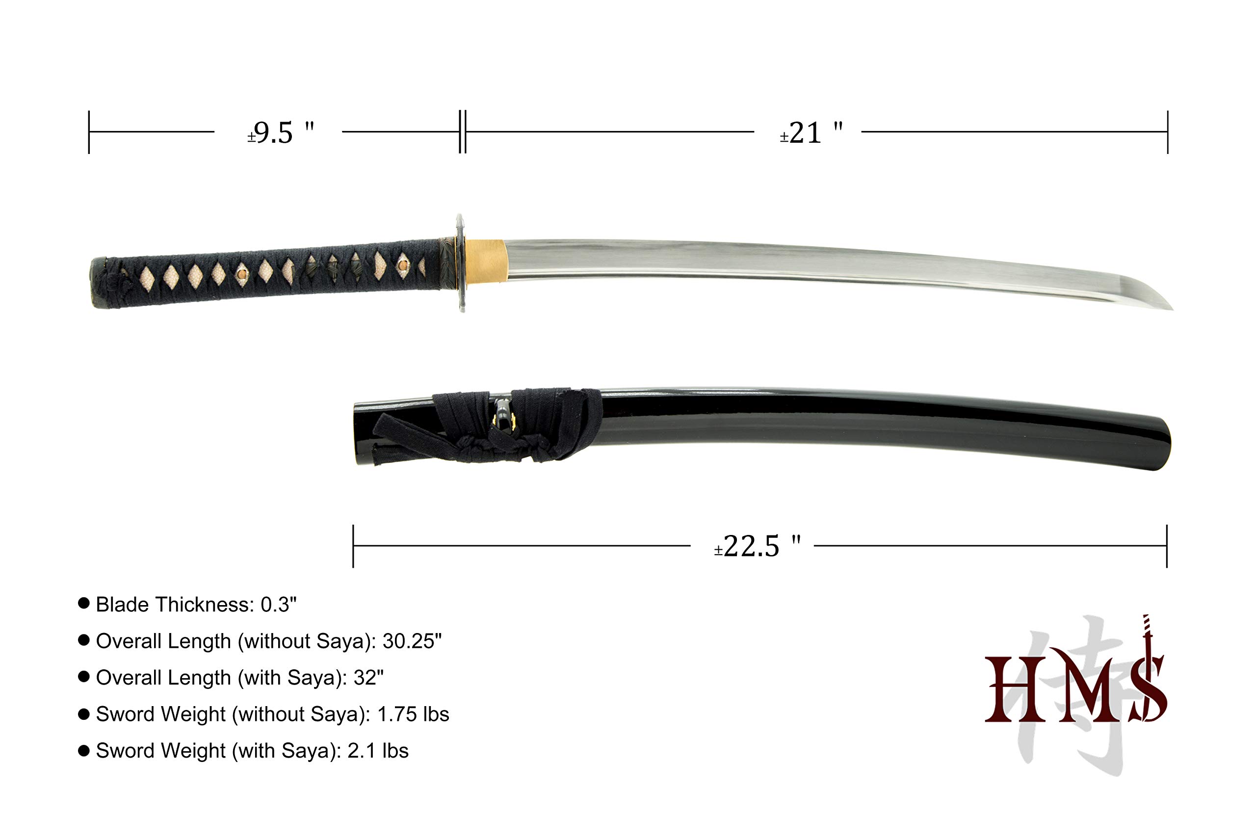 HMS Unsharpened Iaido Training Wakizashi Sword, Stainless Steel, Full Tang, Samurai Bamboo Tsuba, Black Scabbard