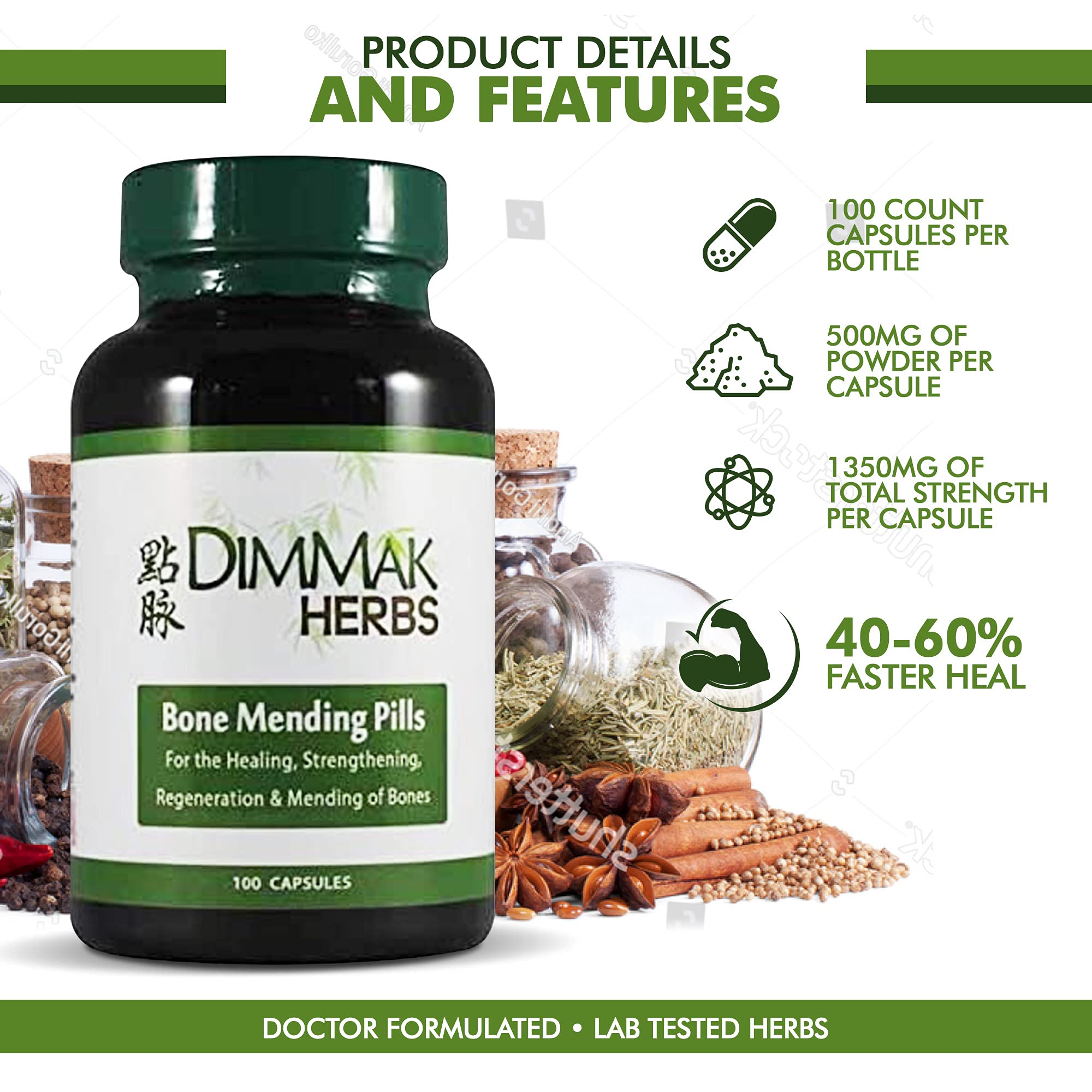Certified Organic Bone Mending Pills by Dimmak Herbs, Bone Fracture Healing Supplement, Bone Strengthening Pills, Chinese Medicine Herbs - 100 caps 500mg