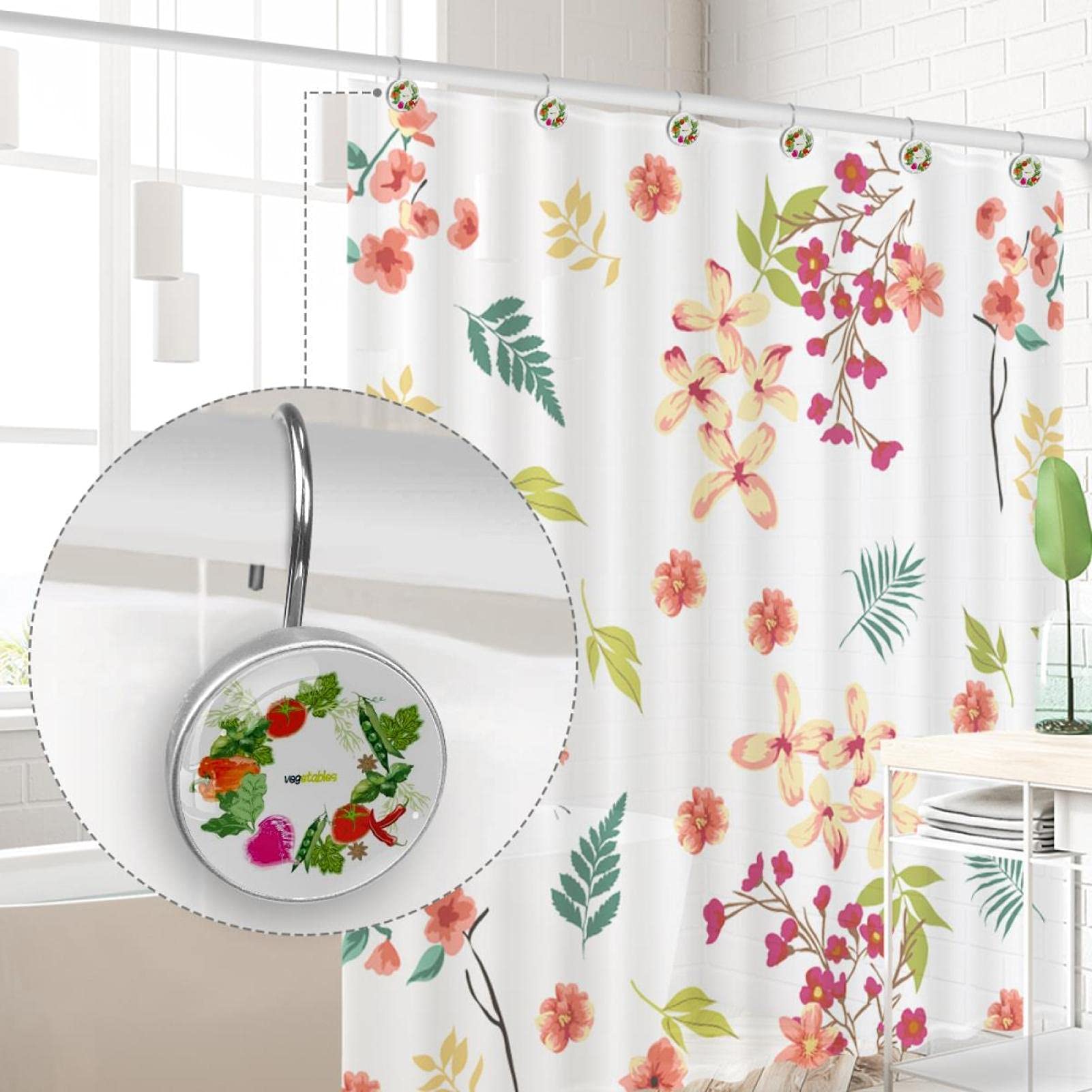Green Vegetables Shower Curtain Hook Decorative Rust Proof Shower Curtain Rings Kids Room Bathroom Decor, Set of 12 for Any Rod and Curtain