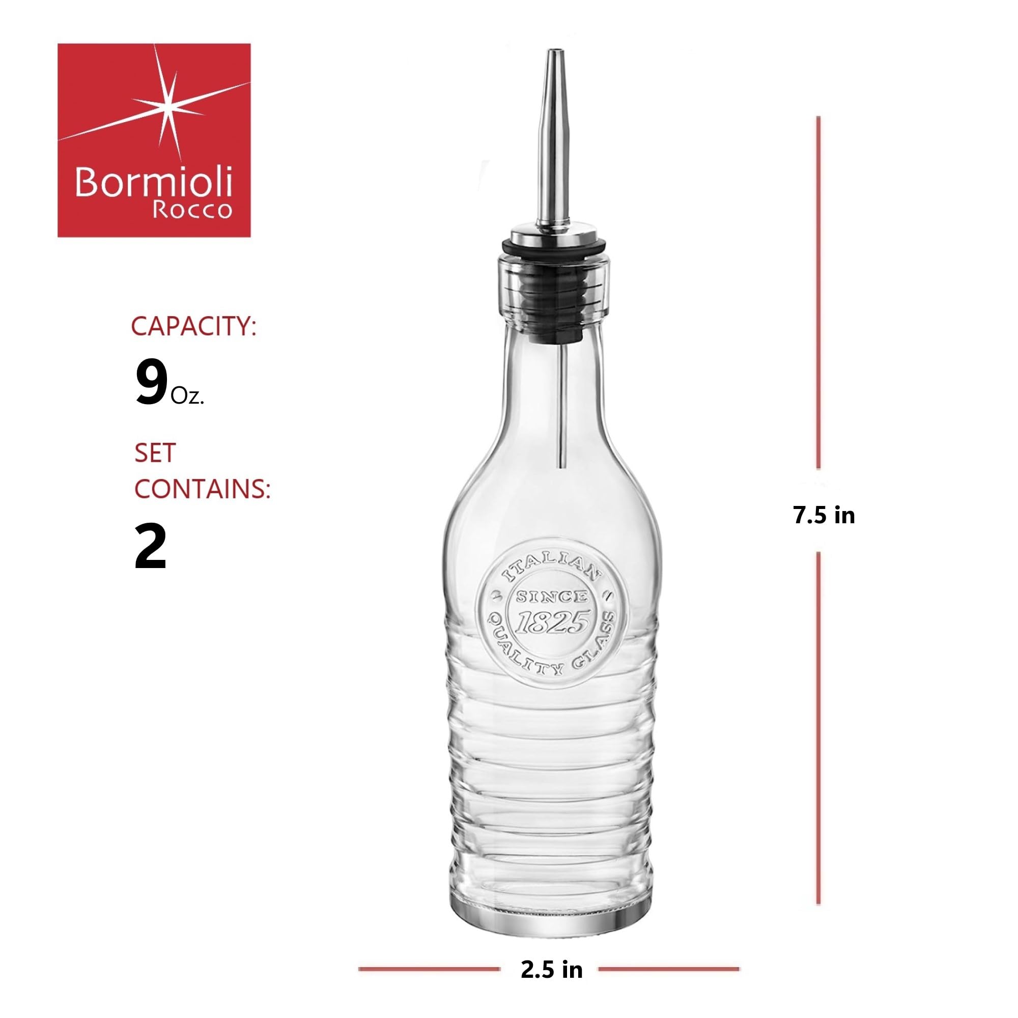 Bormioli Rocco Officina 1825 Olive Oil/Vinegar Glass Bottles Stainless Steel Pouring Spout 268 ml (Pack of 2)