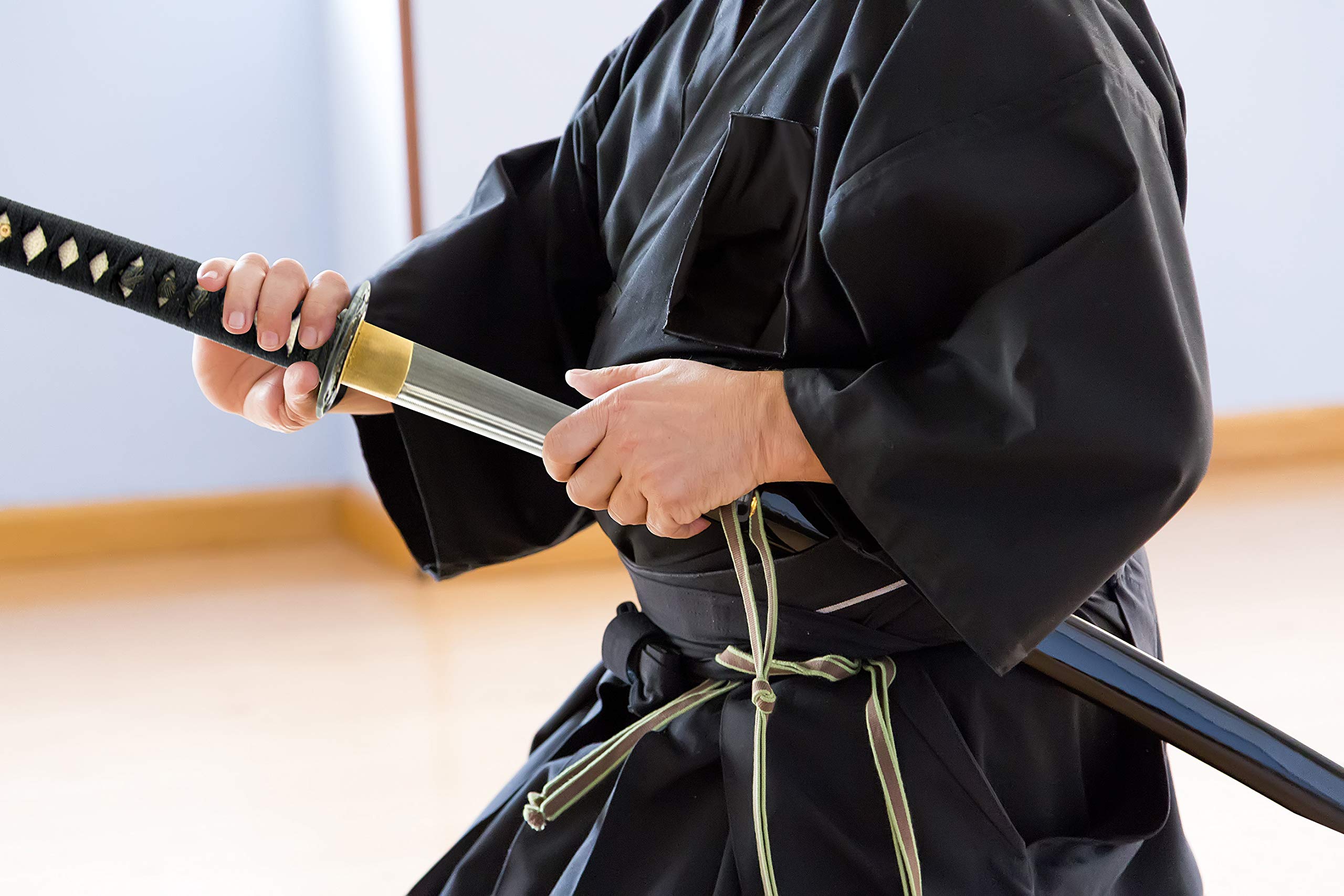 HMS Unsharpened Iaido Training Wakizashi Sword, Stainless Steel, Full Tang, Samurai Bamboo Tsuba, Black Scabbard