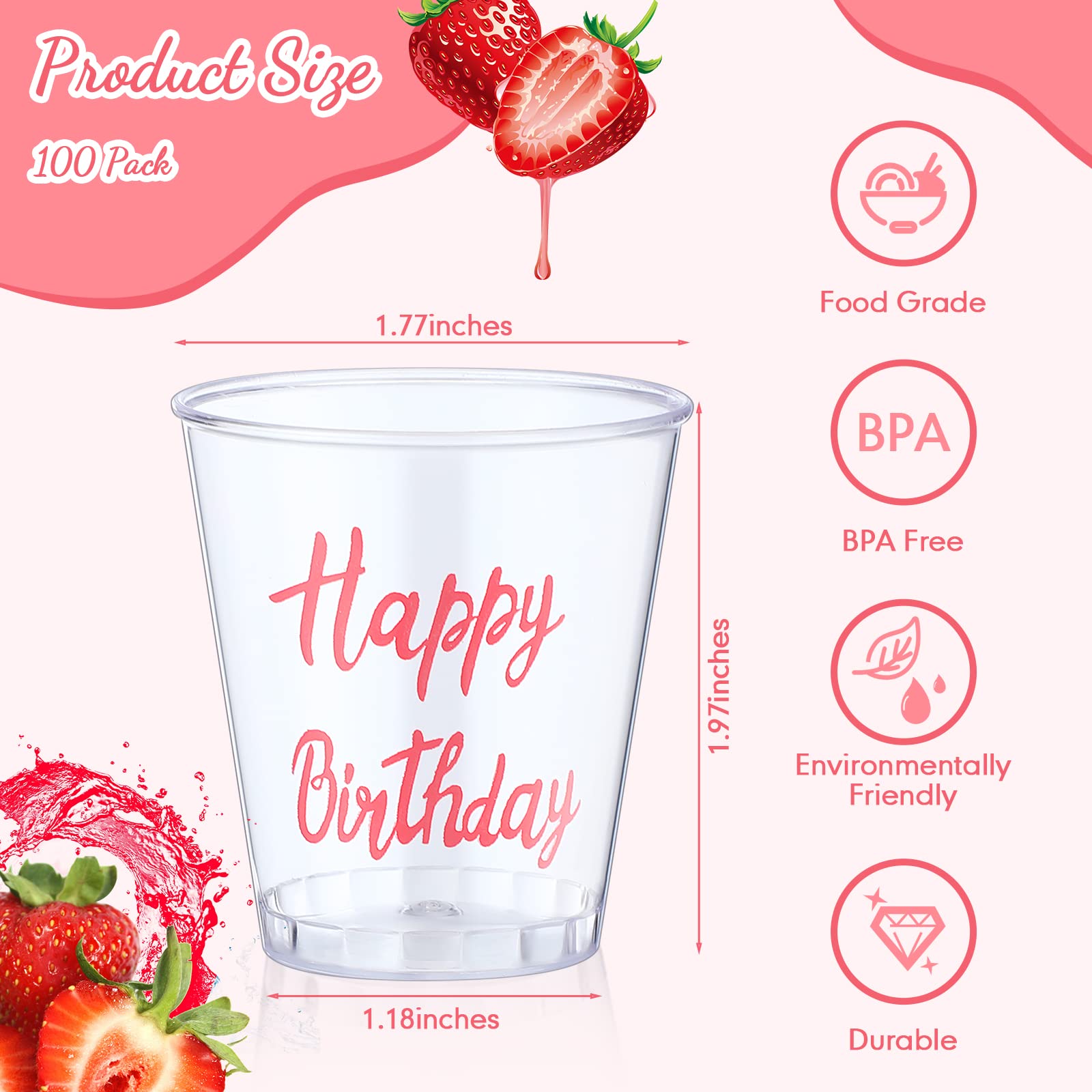 Lallisa 100 Pcs Happy Birthday Plastic Disposable Shot Cups 2 oz Birthday Shot Glass Drinking Tasting Serving Snacks Samples Cups forParty Favors Happy Wedding Supplies(Pink)