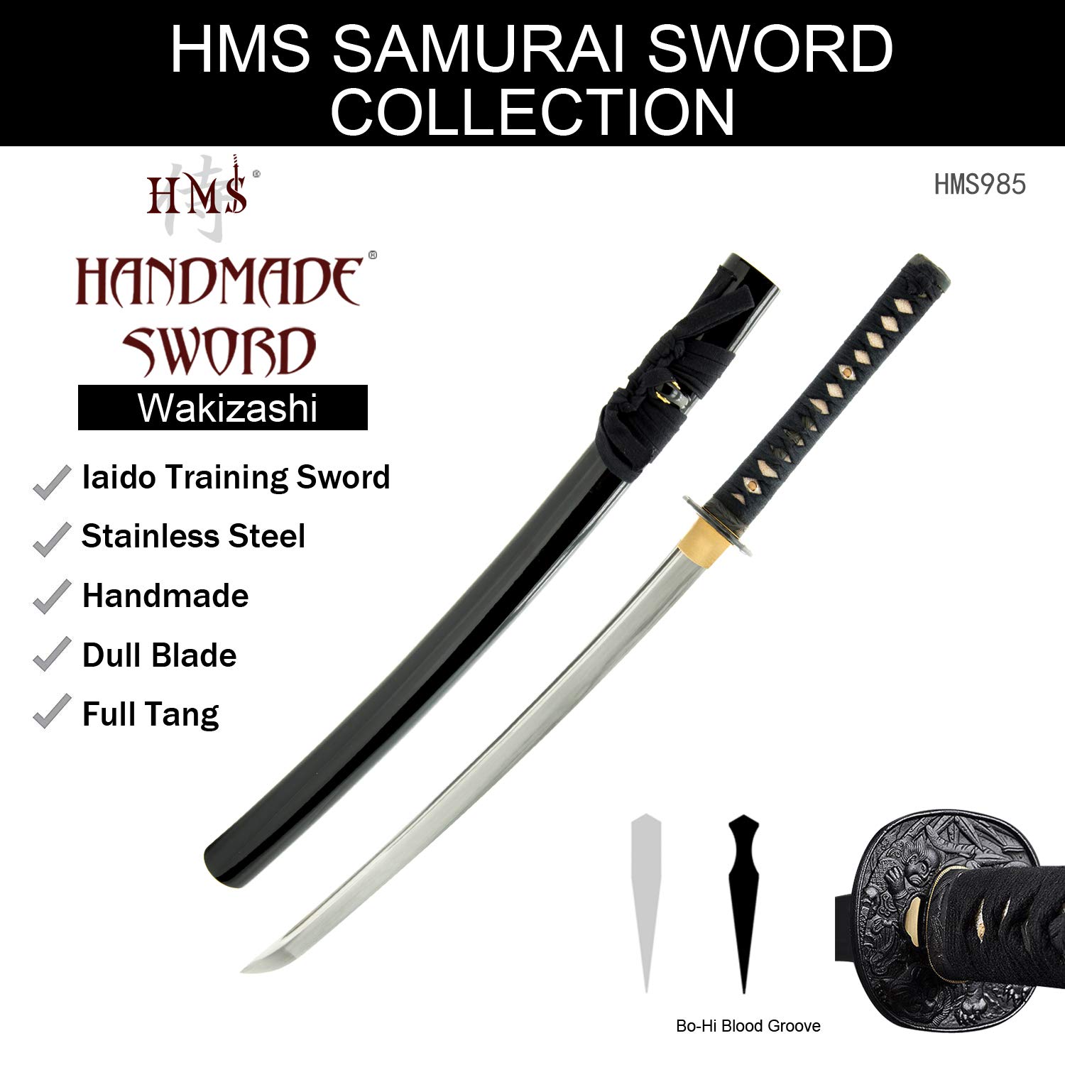 HMS Unsharpened Iaido Training Wakizashi Sword, Stainless Steel, Full Tang, Samurai Bamboo Tsuba, Black Scabbard