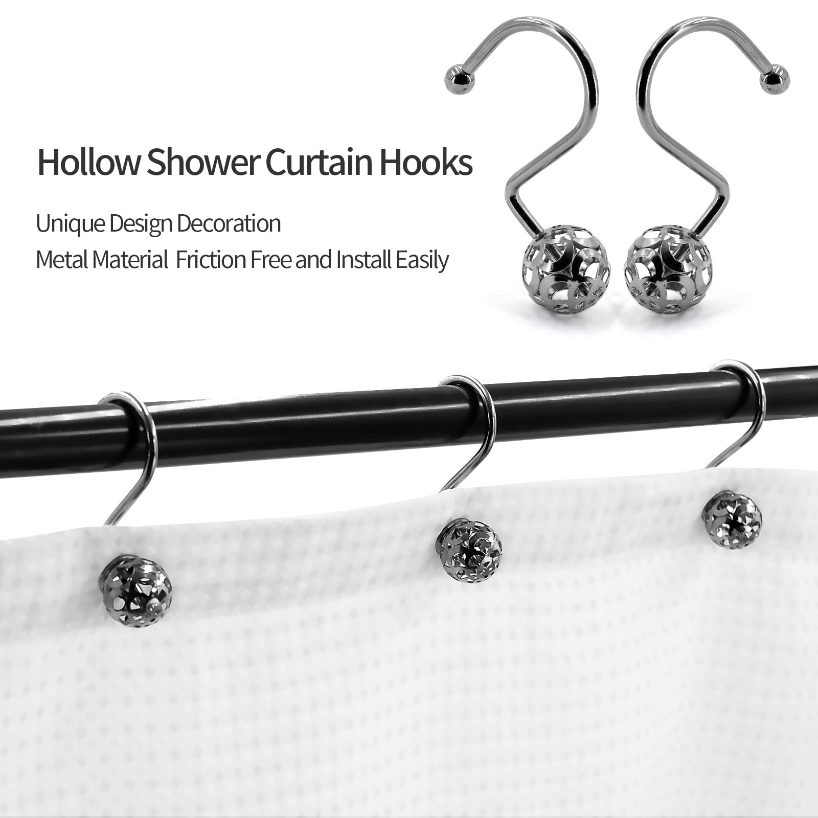 MitoVilla Silver Metal Shower Curtain Rings and Hooks, Chrome Metal Hollow Ball Rust Proof Rings for Curtain Liner and Bathroom Shower Rod Accessories