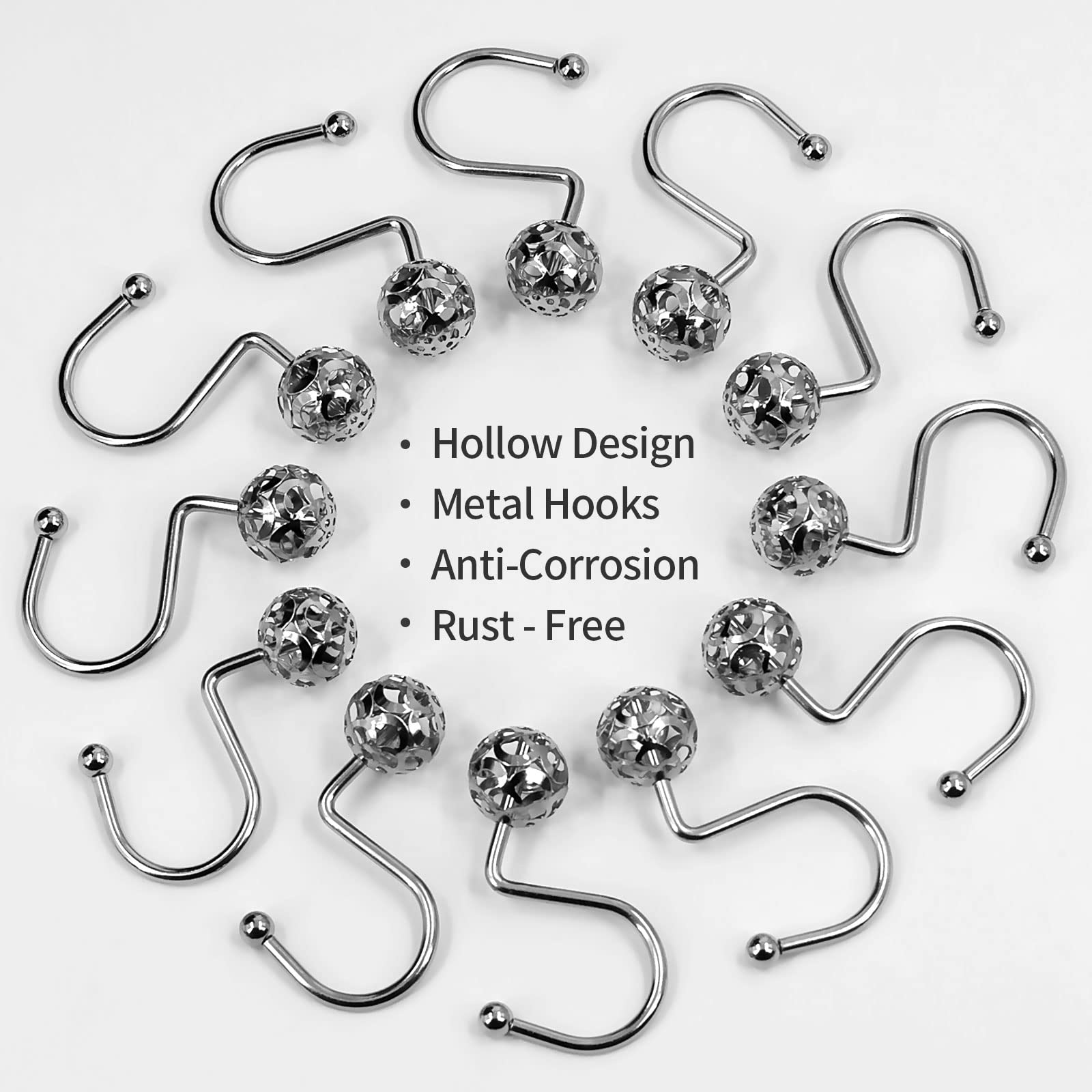 MitoVilla Silver Metal Shower Curtain Rings and Hooks, Chrome Metal Hollow Ball Rust Proof Rings for Curtain Liner and Bathroom Shower Rod Accessories