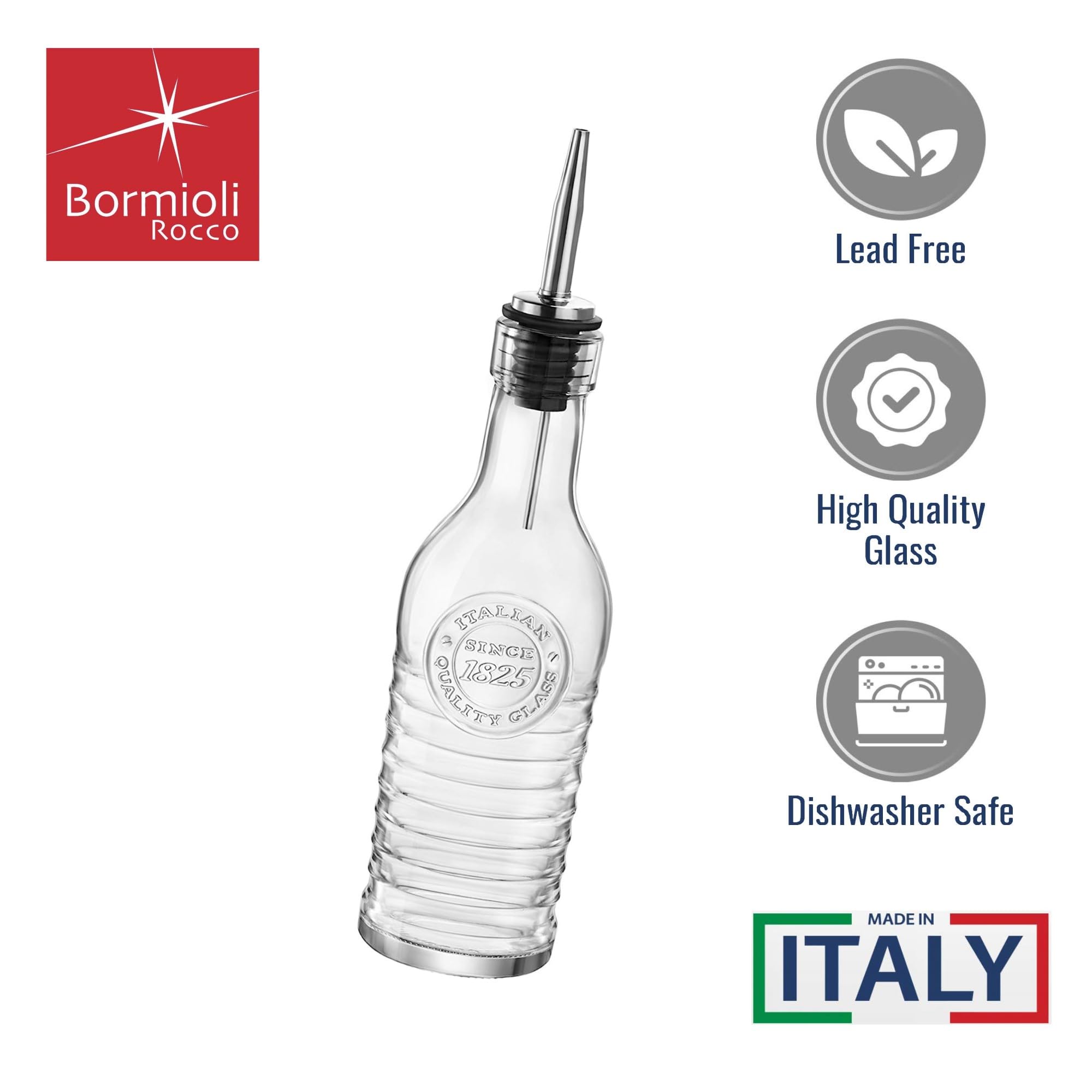 Bormioli Rocco Officina 1825 Olive Oil/Vinegar Glass Bottles Stainless Steel Pouring Spout 268 ml (Pack of 2)