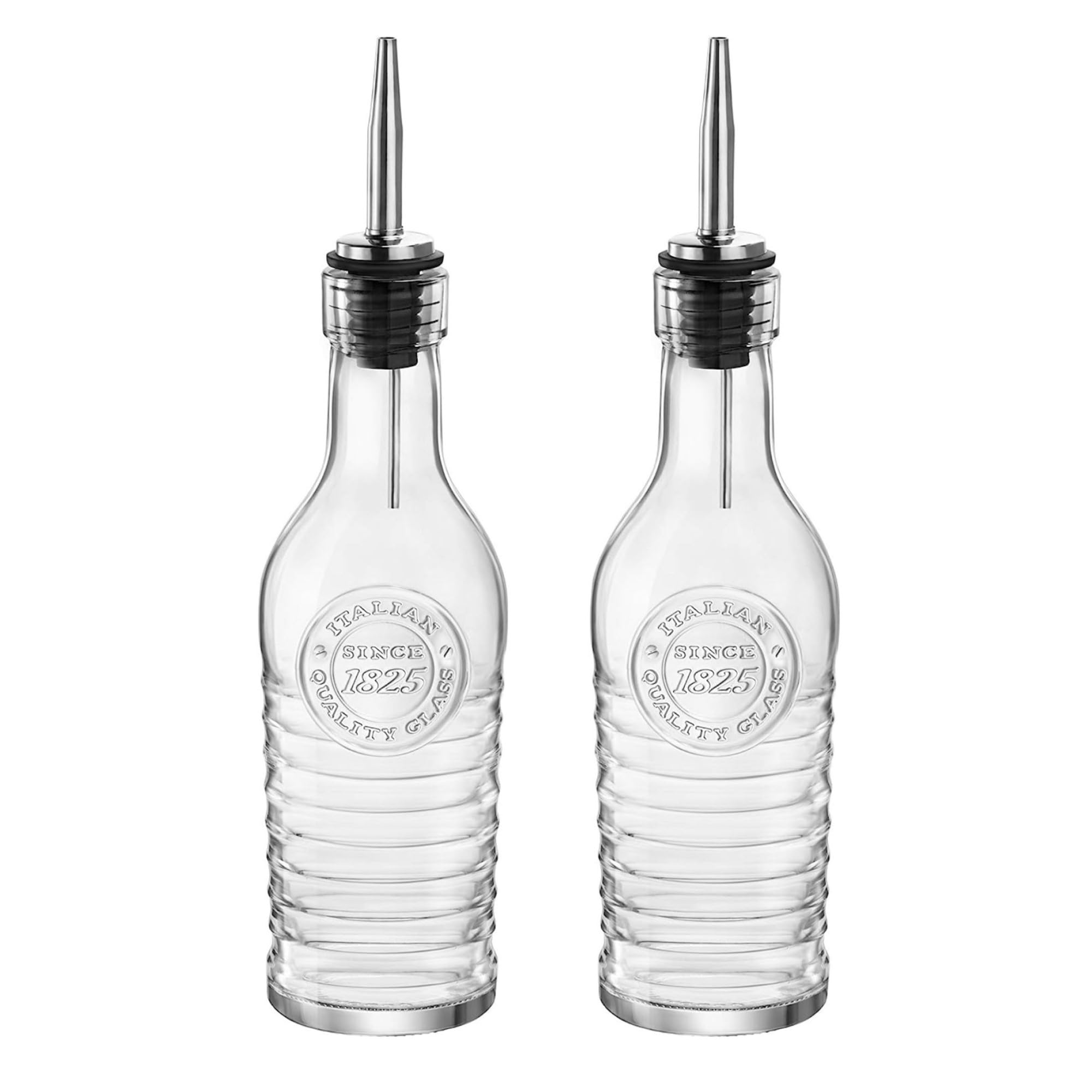 Bormioli Rocco Officina 1825 Olive Oil/Vinegar Glass Bottles Stainless Steel Pouring Spout 268 ml (Pack of 2)