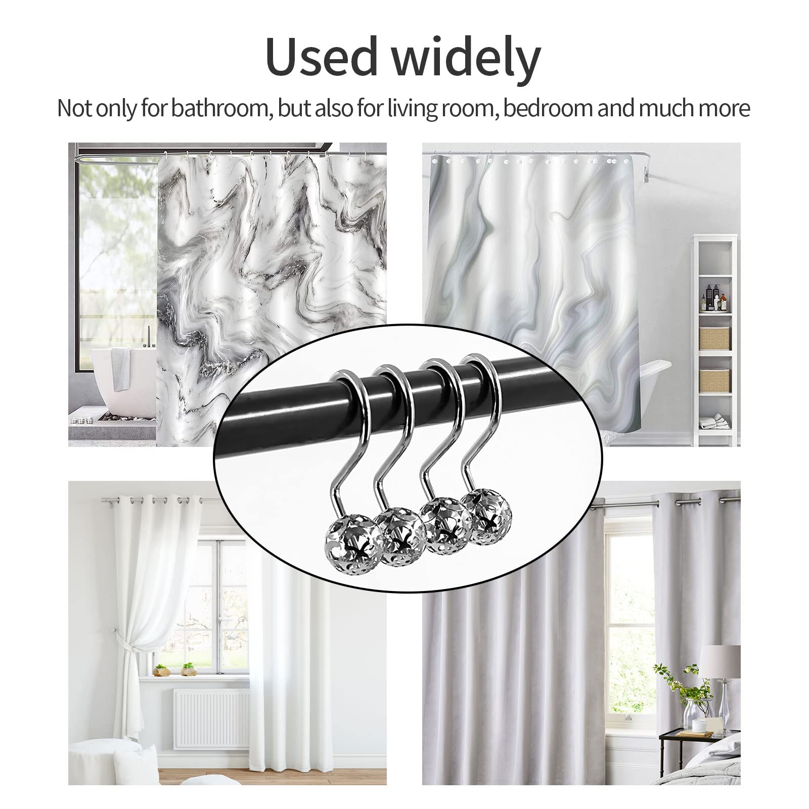MitoVilla Silver Metal Shower Curtain Rings and Hooks, Chrome Metal Hollow Ball Rust Proof Rings for Curtain Liner and Bathroom Shower Rod Accessories